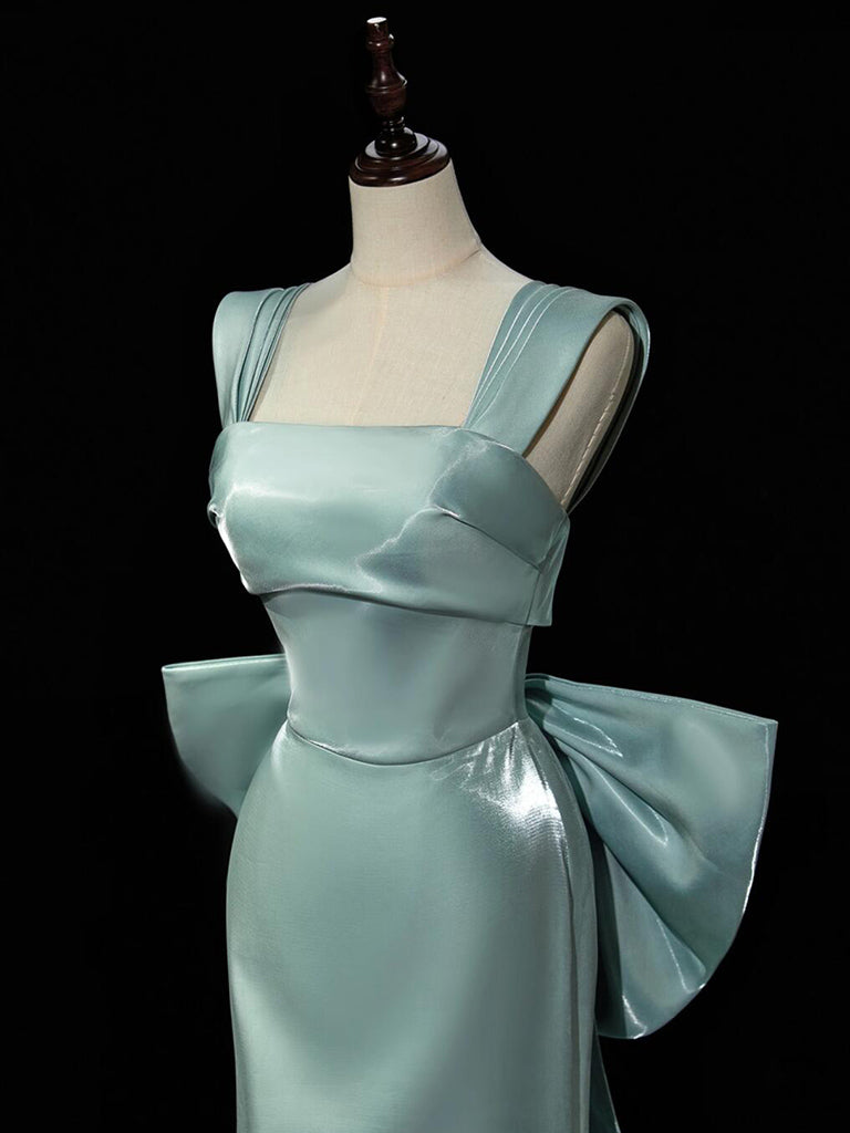 Simple Satin Green Long Prom Dress Green Long Formal Dress With Bow T