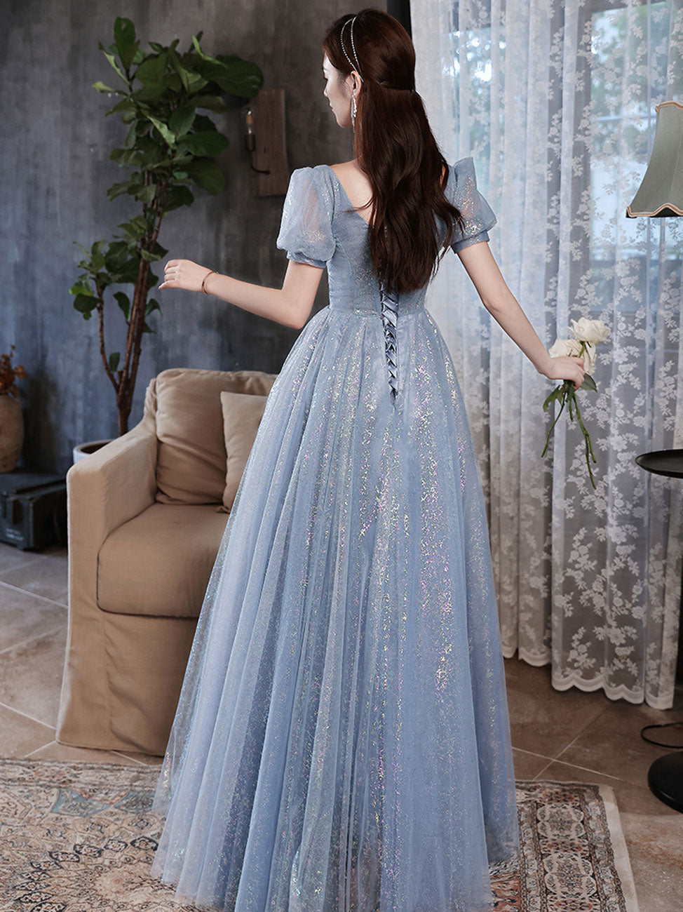 A Line Blue Tulle Shiny Long Prom Dress Blue Formal Evening Dresses