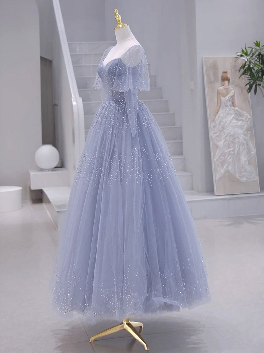 A-Line Long sleeves Beading Gray Blue Long Prom Dress, Gray Blue Forma ...