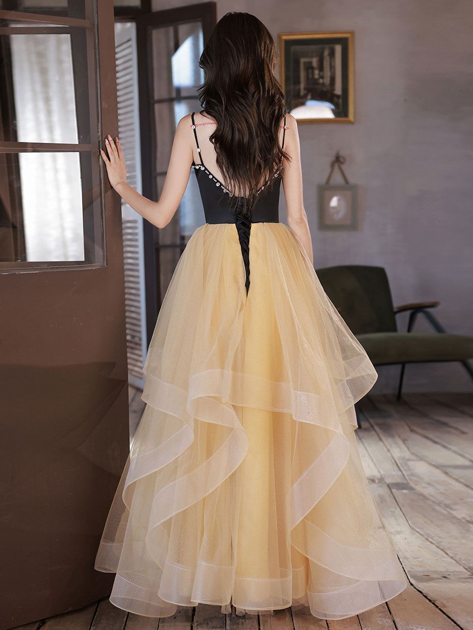 A Line V Neck Tulle Champagne Long Prom Dress Tulle Formal Evening Dr