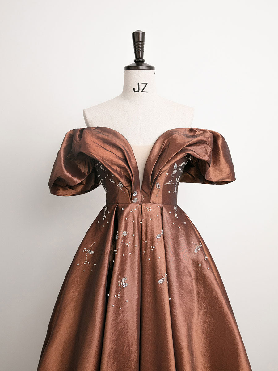 Brown Off Shoulder Taffeta Short Prom Dress, Brown Formal Dress – toptby
