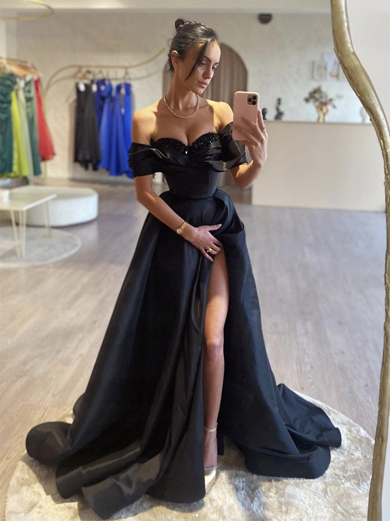 Off Shoulder Satin Black Long Prom Dress Sweetheart Neck Long Formal