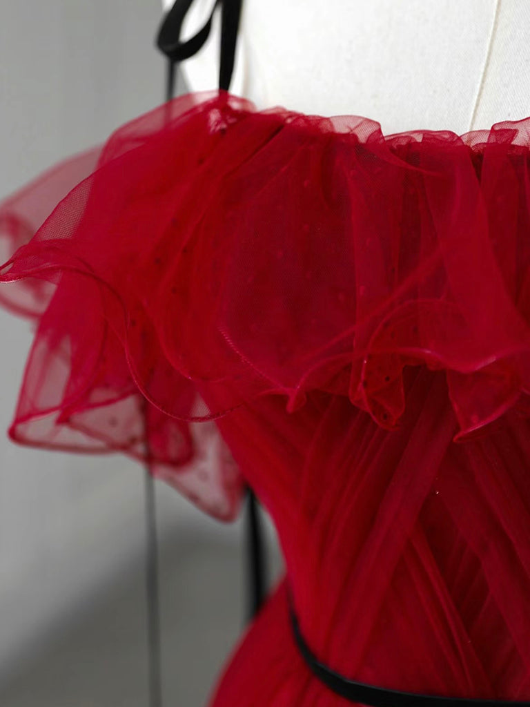 A-Line Off Shoulder Tulle Burgundy Long Prom Dress, Burgundy Long Form ...