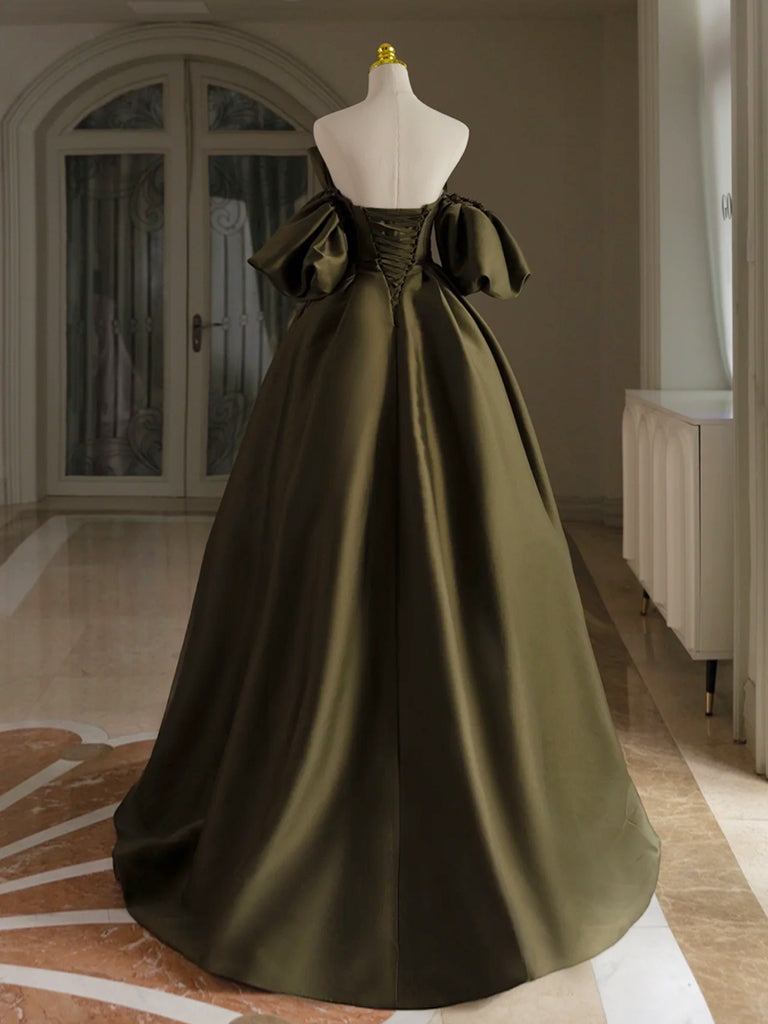 A-Line Puff Sleeves Olive Green Satin Long Prom Dress, Olive Green Lon ...