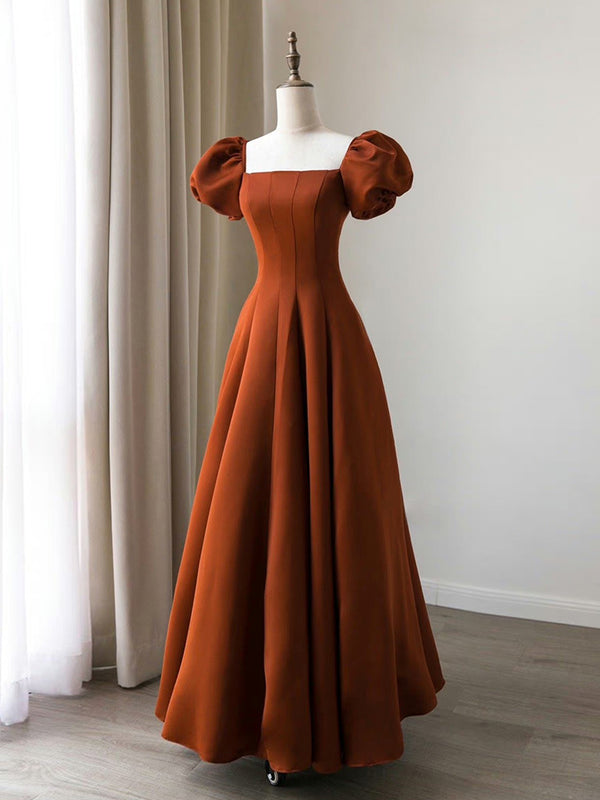 A-Line Puff Sleeves Satin Long Prom Dress, Long Evening Dresses – toptby
