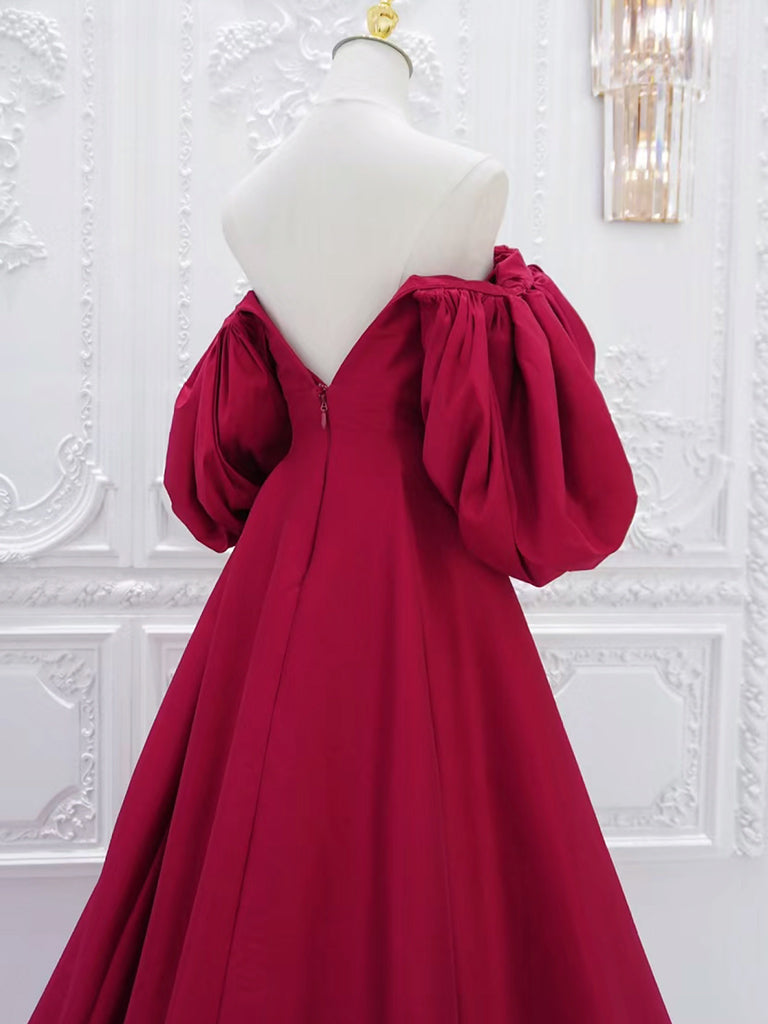 A-Line Puff Sleeves Satin Dark Red Long Prom Dress, Dark Red Long Even ...