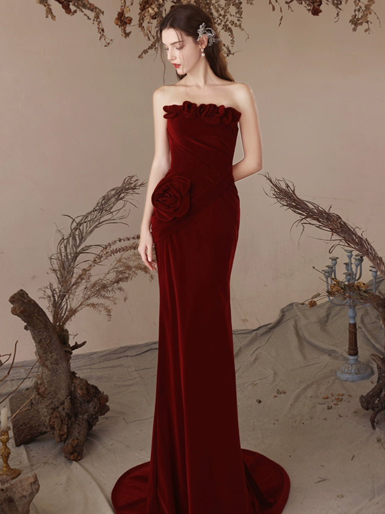 Mermaid Velvet Burgundy Long Prom Dress Burgundy Long Formal Dress