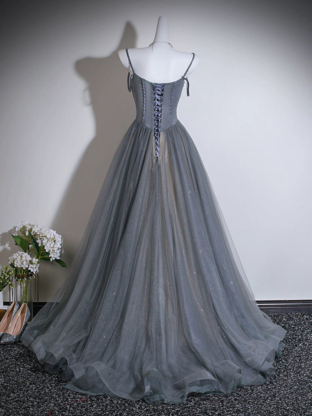 A- line Sweetheart Neck Tulle Sweep Train Gray Prom Dress with Beads ...