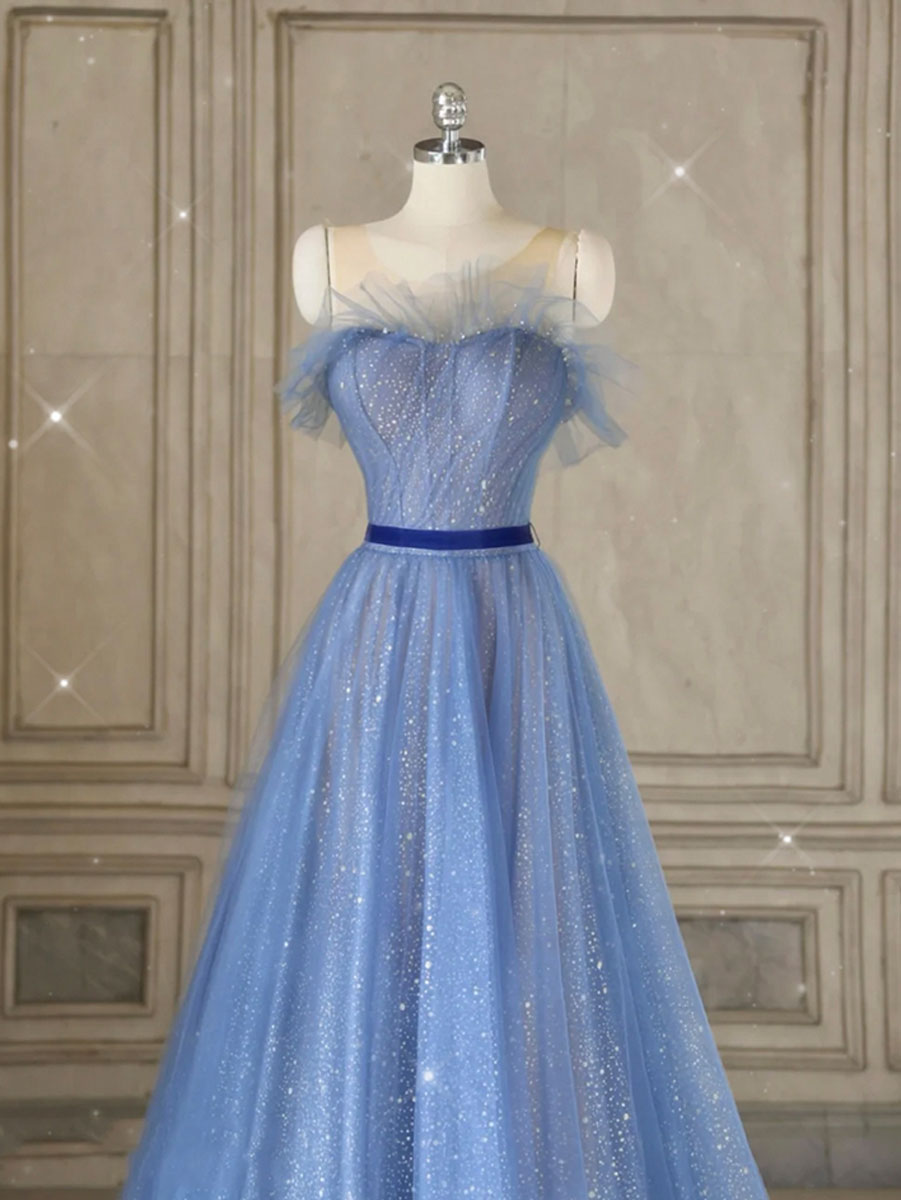 A-Line Tulle Blue Long Prom Dresses, Blue Tulle Formal Dresses – toptby