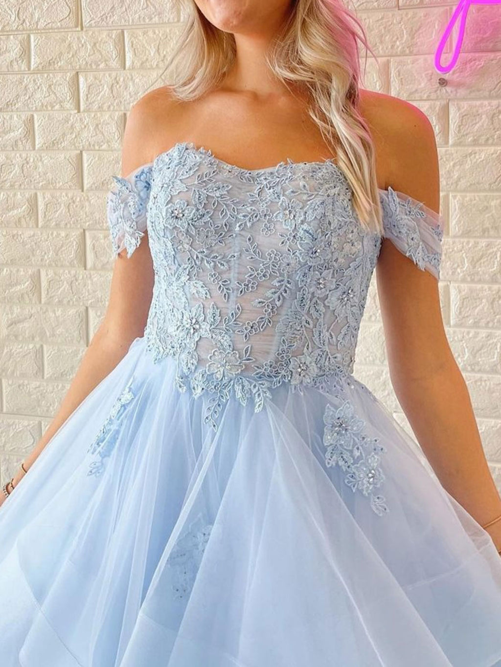 Blue Off Shoulder Tulle Lace Long Prom Dress, Blue Lace Graduation Dre ...