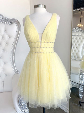 Yellow v neck tulle sequin short prom dress yellow formal dress – toptby