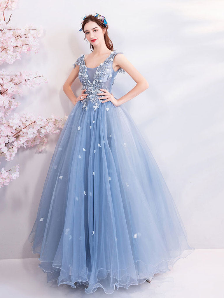 Unique blue tulle lace long prom dress, blue evening dress – toptby