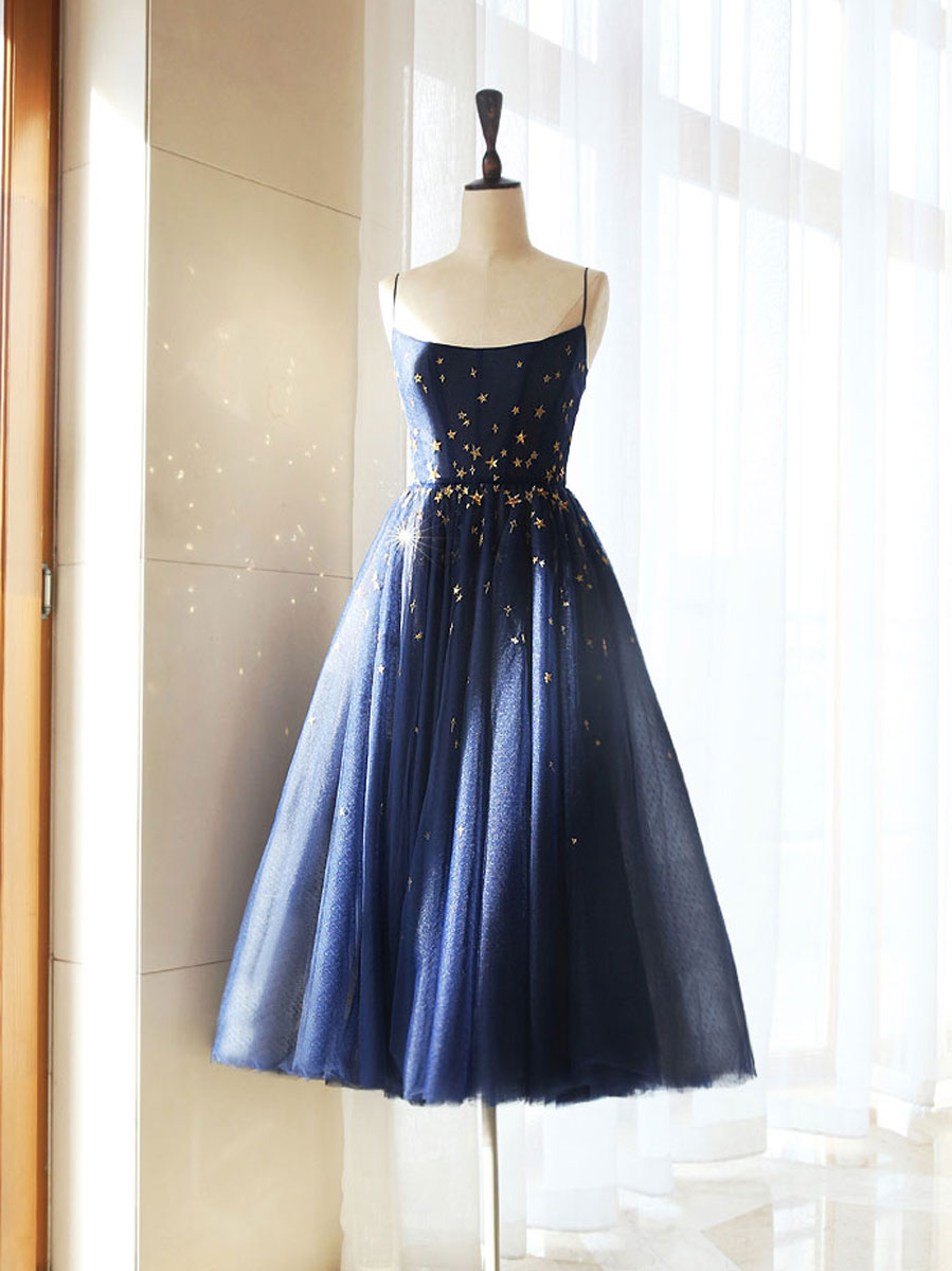 Blue tea length tulle prom dress, blue tulle bridesmaid dress – toptby
