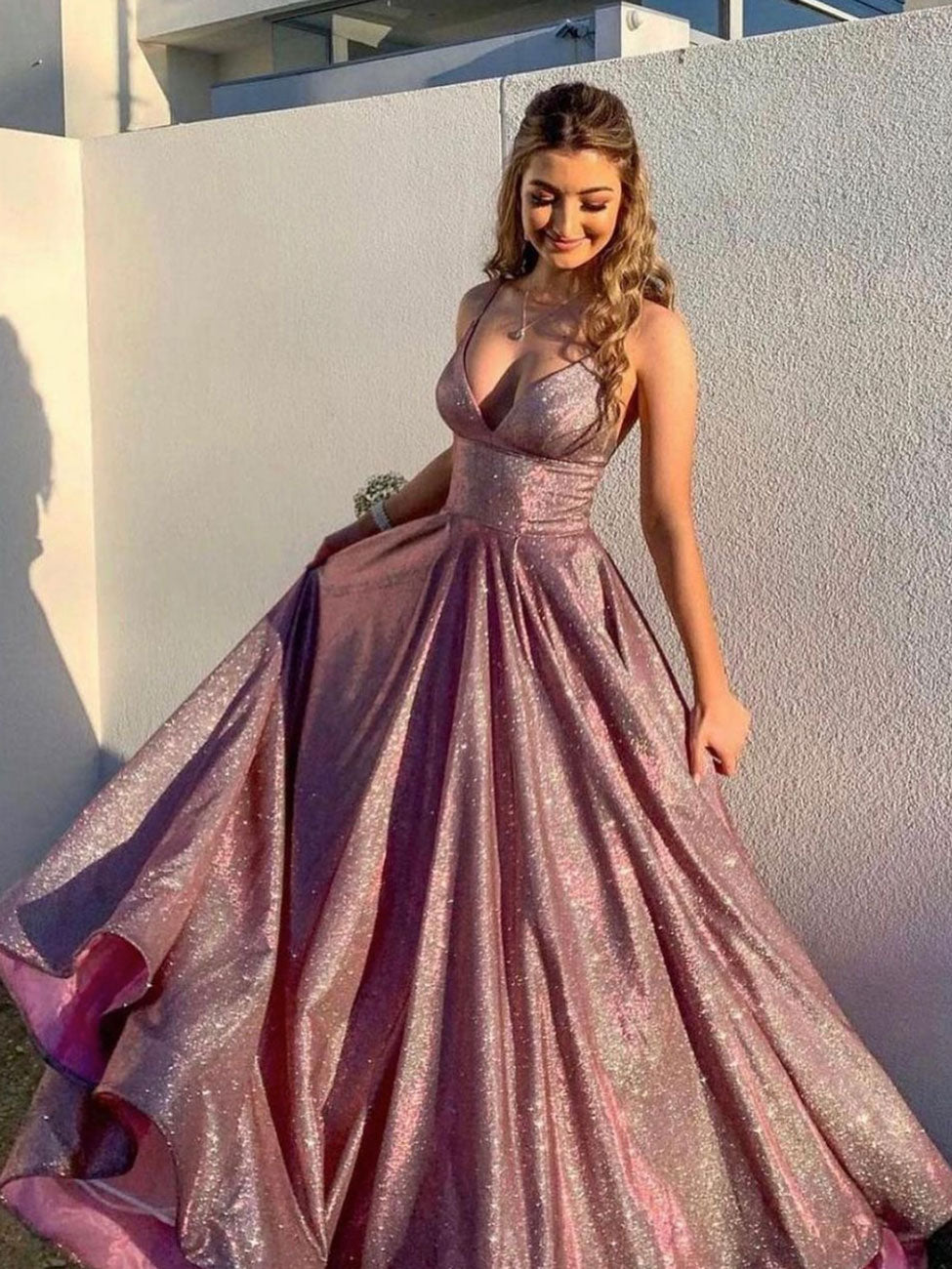 Shiny Satin V Neck Long Prom Dress, Pink Formal Evening Dress – toptby