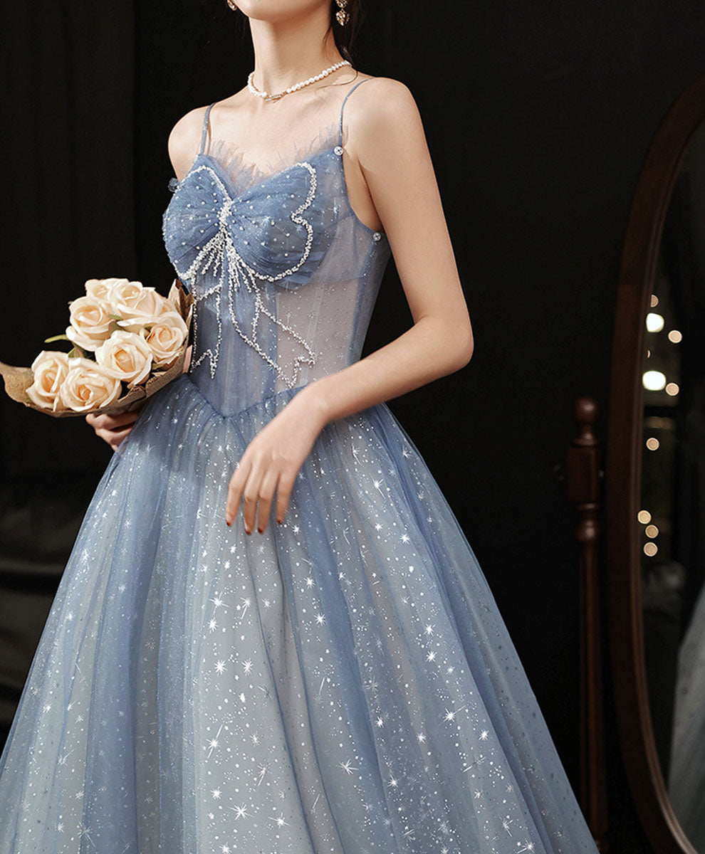 Blue tulle lace long prom dress, blue lace sweet 16 dress – toptby