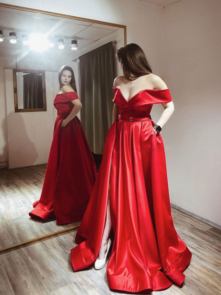 Simple red off shoulder satin long prom dress red prom dress – toptby